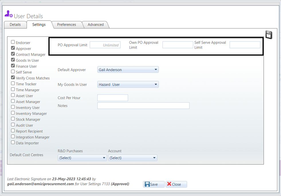 How to set User Approver Limits